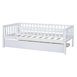 Hlcodca Twin Size Bed Frame with Trundle and Fence Guardrails for Kids Teens Adults, Wood Slat Support, No Box Spring Needed, Easy Assembly (White, Twin)