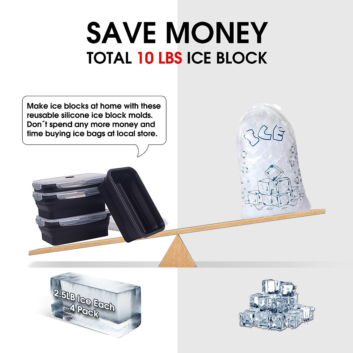 Extra Large Ice Block Mold for Ice Bath Cold Plunge Accessories, 4 Pack for 10LB Ice, Stackable Water Chiller Ice Tray Ice Cube Molds with Lids, Silicone Collapsible Food Storage Containers, Black