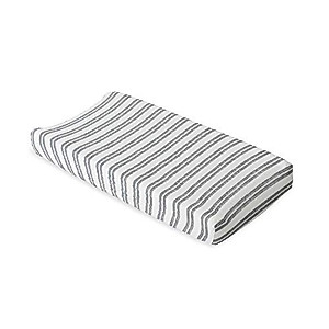 Red Rover Kid Muslin Changing Pad Cover – 16” x 32” - 100% Cotton – Machine Washable – Standard Size - Stitched Holes for Safety Straps – Lightweight & Breathable – Unisex (Grey Double Stripe)