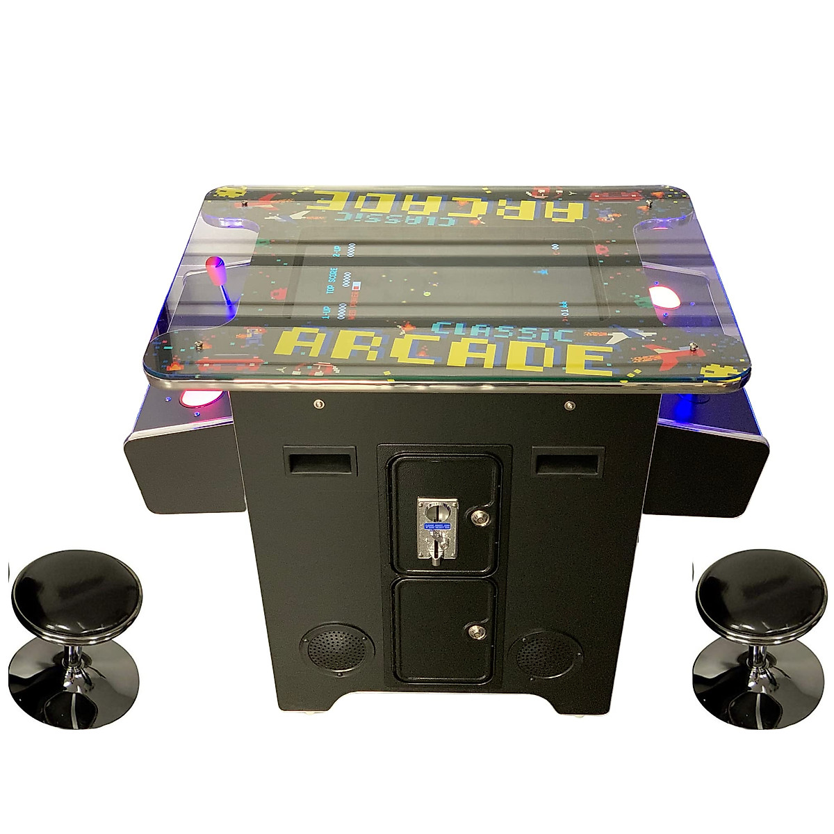 TOP US VIDEO ARCADES Full Size Commercial Grade Cocktail Arcade Machine 2 Player Upgraded Trackballs 412 Games 22" LCD Screen Tempered Glass 2 Stools Included 5 Year Warranty Black