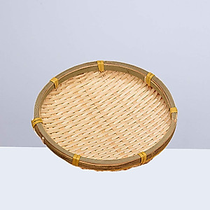 Hemoton Bamboo Woven Round Basket Tray Rustic Wood Decorative Serving Tray for Breakfast Drinks Snack Coffee Table Wall Hanging Home Decoration 18cm