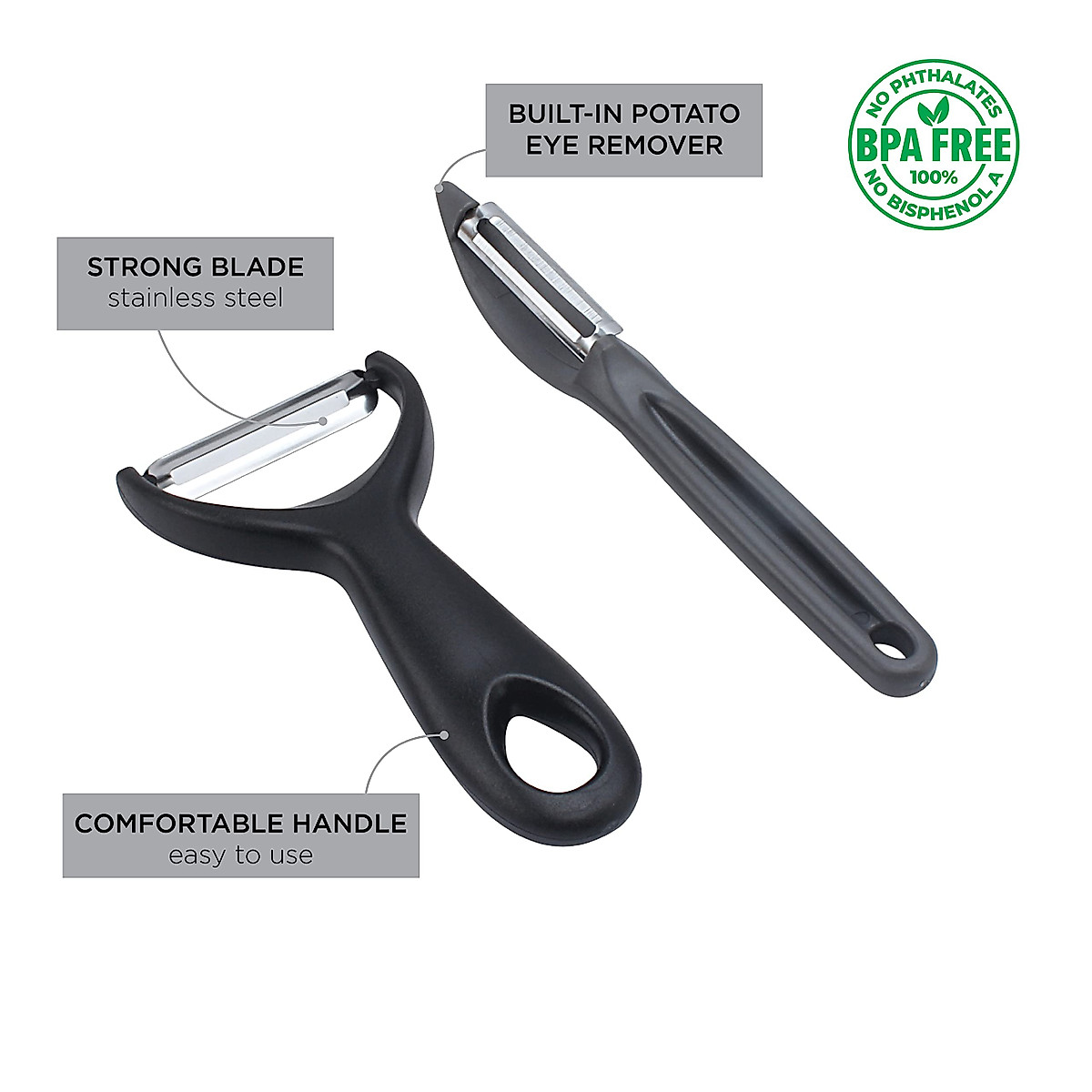 Social Chef 2-Piece Vegetable Peeler Set- Set of 2 Stainless Steel Blade Vegetable Peelers Set - Y Peeler and Swivel Peeler for Peeling Potatoes, Vegetables and Fruits (Black)