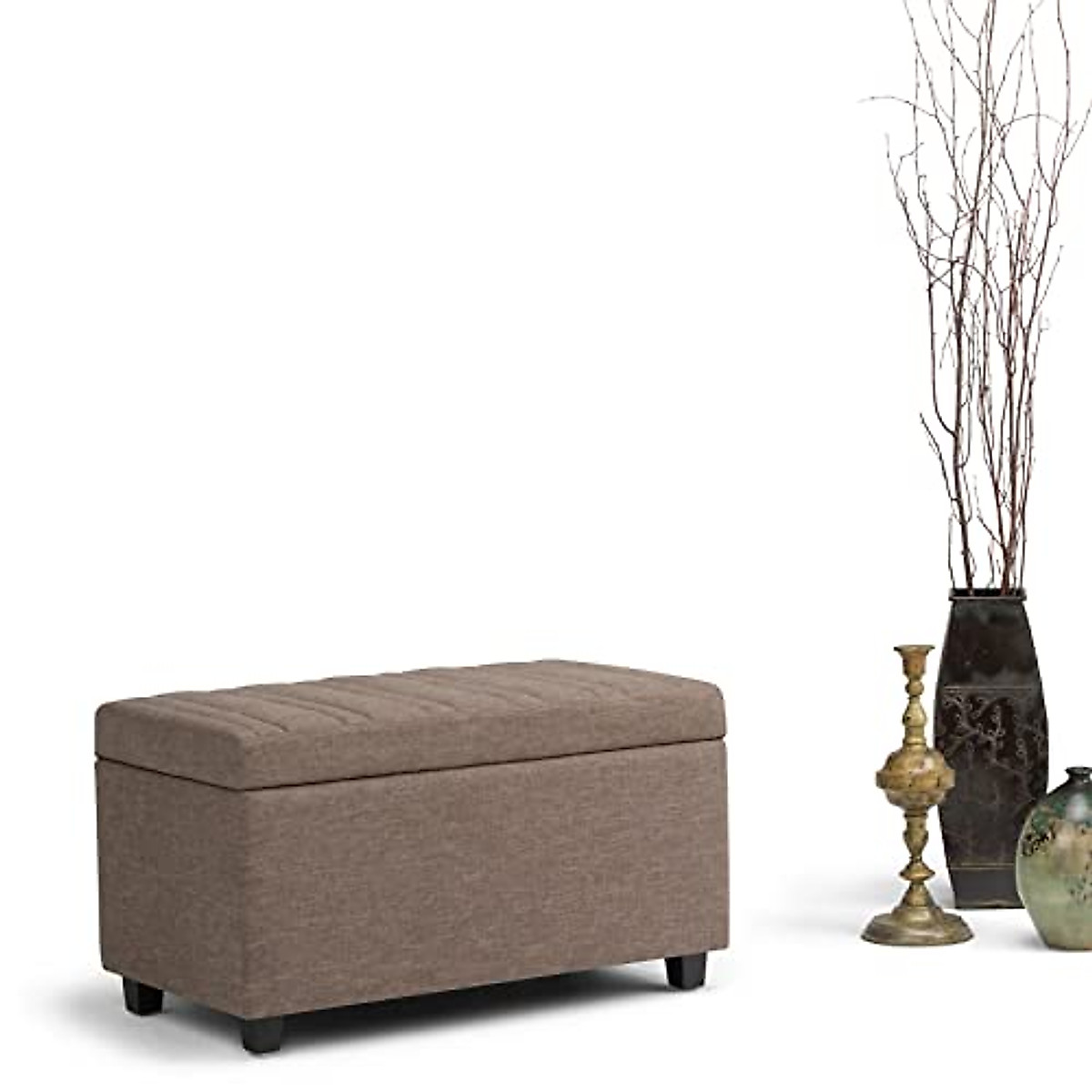 SIMPLIHOME Darcy 33 Inch Wide Contemporary Rectangle Storage Ottoman Bench in Fawn Brown Linen Look Fabric, For the Living Room, Entryway and Family Room