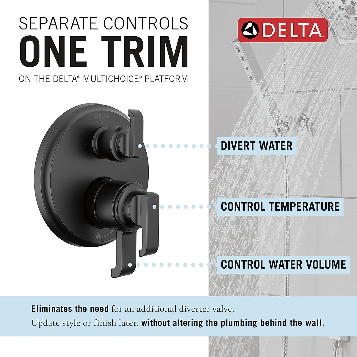 Delta Faucet Tetra 17 Series Matte Black 3-Setting Integrated Diverter Valve Trim Kit, Black Diverter Valve Trim Kit, Shower Trim Kit, Matte Black T27889-BL (Valve Not Included)