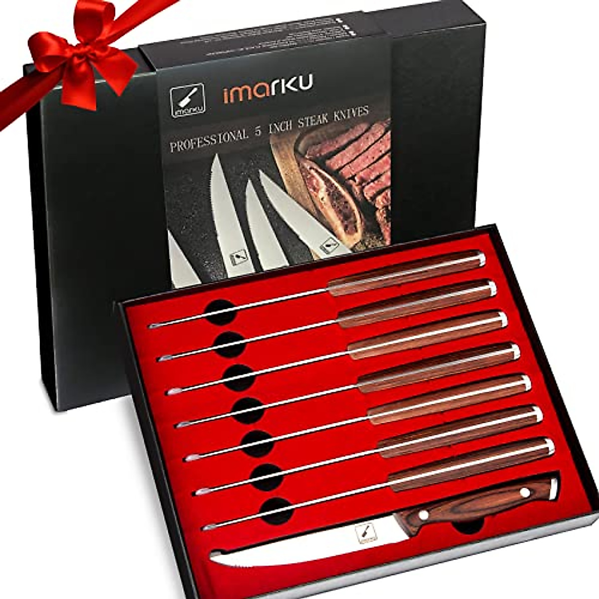 imarku Steak Knives, Serrated Steak Knives Set of 8 with Pakka Wooden Handle, Japanese High Carbon Stainless Steel Steak Knife Set with Gift Box