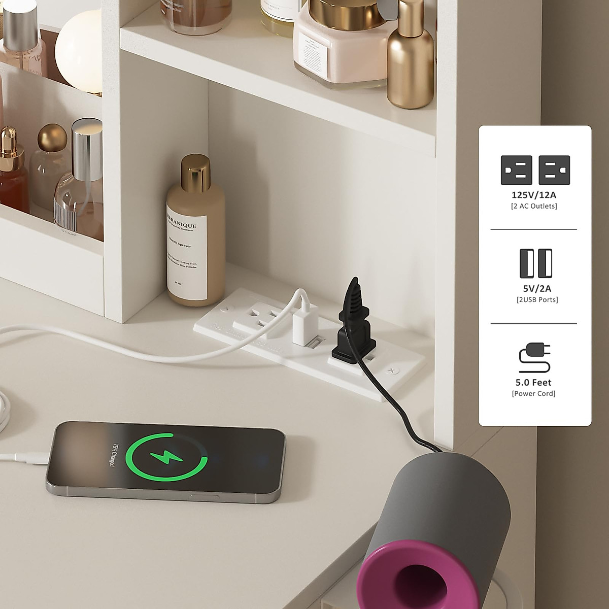 Vabches Makeup Vanity Table with Lighted Mirror & Power Strip, Large Vanity Set Vanity Desk with Lots Storage, 3 Lighting Modes, Brightness Adjustable, 45.2in(L)