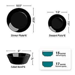 Black Dinnerware Set, HomeElves 18-PCS Kitchen Opal Dishes Set Service for 6, Lightweight Glass Plates and Bowls Set, Break and Chip Resistant, Microwave & Dishwasher Safe, Round