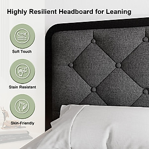 Feonase Twin Size Bed Frame, Upholstered Platform Bed Frame with Heavy-Duty Metal Steel Slats, Diamond Linen Headboard, 12" Storage Space, No Box Spring Needed, Noise Free, Easy Assembly, Dark Gray