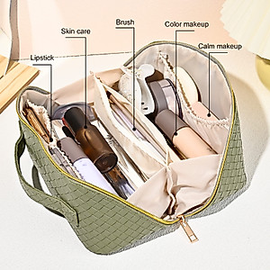 SOIDRAM Large Capacity Travel Cosmetic Bag Makeup Bag Leather Makeup Bag Organizer Women Portable Toiletry Bag Flat Lay Everything Cosmetic Bag Green