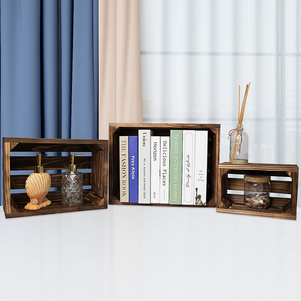 TNQNCFL Wooden Crate for Display and Storage，Rustic Decorative Wood Crate，Nesting Storage Box，Wood Basket，Handmade Natural Solid Wood Box，Farmhouse Container Boxes（Extra Large Set Of 3）