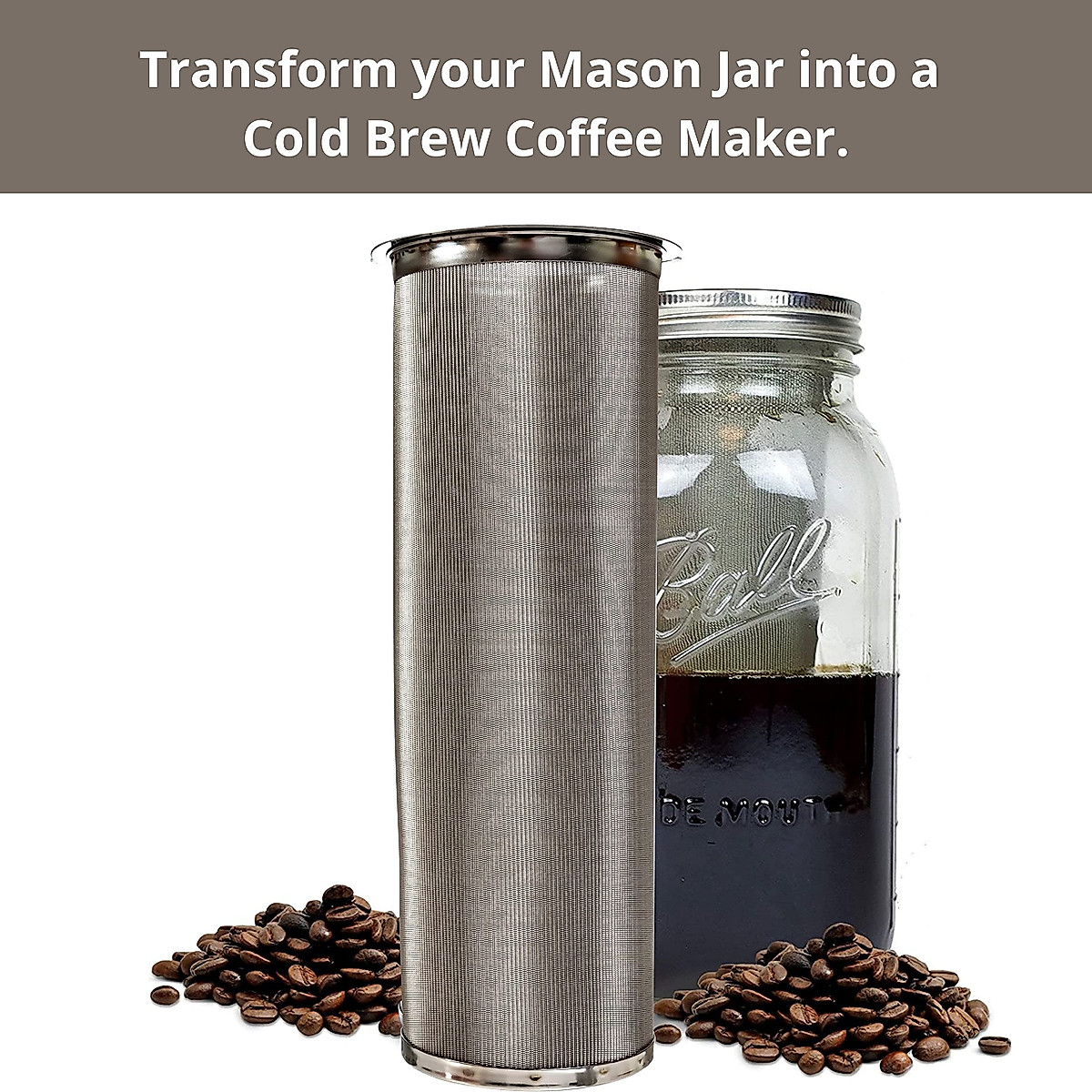 Altura The TUBE+ Cold Brew Coffee Maker | Cold Brew Coffee Filter for Wide Mouth Mason Jar | Stainless Steel Cold Brew Filter The TUBE+ (64oz/2qt)