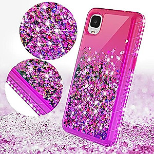 Liquid Glitter Phone Case for TCL ION Z/TCL A3 A509DL/TCL A30 /T501/T501C Case w[Tempered Glass Screen Protector] Bling Diamond Girls Women - Hot Pink/Purple