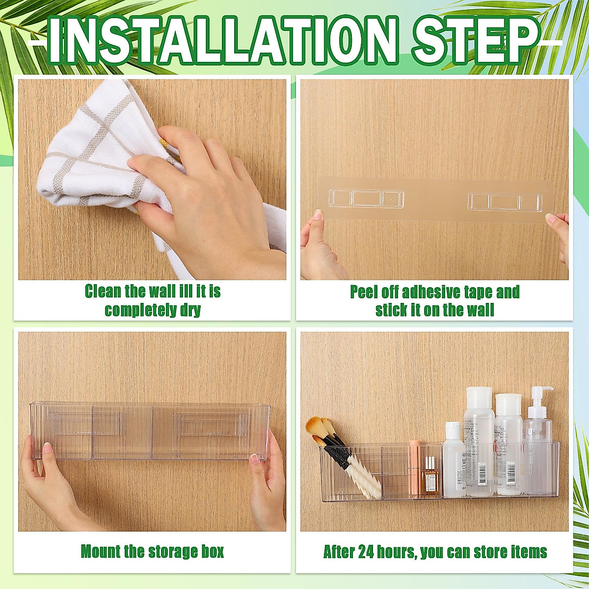 Briwooody 4 Pack Bathroom Wall Makeup Organizer Plastic Wall Mount Storage Organizer Clear No Drilling Hang Walls Adhesive Shower Shelf Cabinet Shelves with 3 Compartments for Bathroom Kitchen