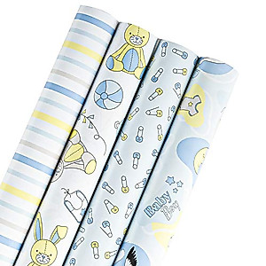 WRAPAHOLIC Baby Boy Wrapping Paper Roll - Cute Bear and Small Pin Design Perfect for Celebration, Party, Baby Shower Present Packing - 4 Rolls - 30 inch X 120 inch Per Roll