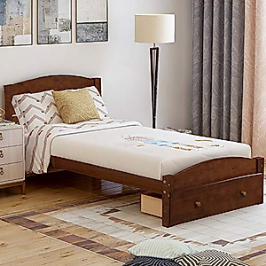 Platform Twin Bed Frame with Storage Drawer and Wood Slat Support No Box Spring Needed (Walnut)