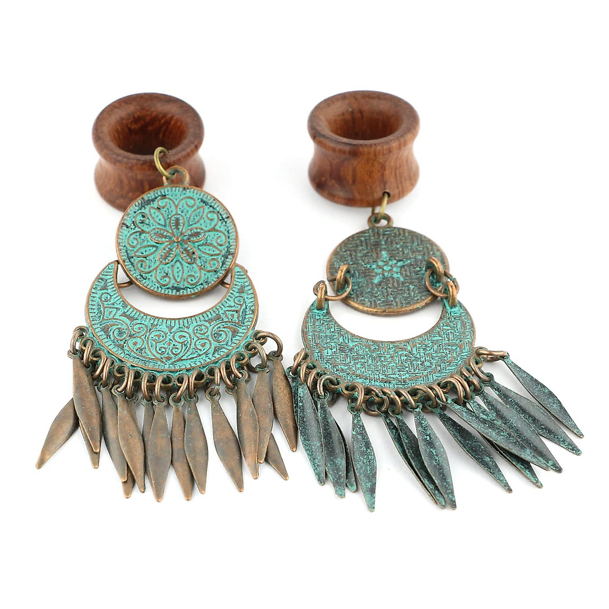 Balala 7/8" 22mm Verdigris Antique Brass Wood Dangle Ear Gauges Piercing Flesh Tunnels Plugs Statement Earrings