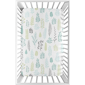 Sweet Jojo Designs Blue Grey Tropical Leaf Unisex Boy Girl Baby Nursery Fitted Mini Portable Crib Sheet For Mini Crib, Pack and Play - Turquoise Gray Green Botanical Rainforest Jungle Sloth Collection