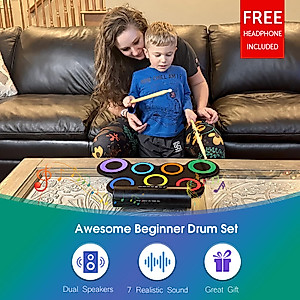 ROCKSOCKI Electric Drum Set, 7-Pad Electronic Drum Set with Headphone Included, Roll-up Drum Pad For Kids, Great Holiday Xmas Birthday Gift (Dual Speakers)