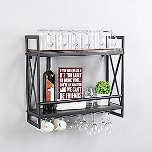 MBQQ Rustic Wall Mounted Wine Racks with 6 Stem Glass Holder,24in Industrial Metal Hanging Wine Rack,2-Tiers Wood Shelf Floating Shelves,Home Room Living Room Kitchen Decor Display Rack,Retro Black