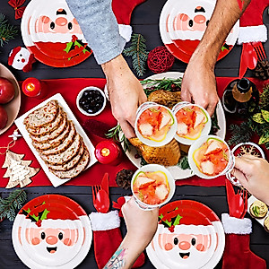 Whaline 175Pcs Christmas Party Tableware Set 7 and 9 Inch Santa Claus Paper Plates 6.5 Inch Santa Belts Napkins Cute Xmas Disposable Cups and Red Fork Spoon Knife Kit for Xmas Holiday Dinner Supplies