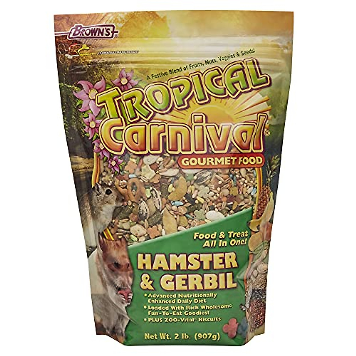 F.M. Brown's Tropical Carnival, Gourmet Hamster and Gerbil Food with Fruits, Veggies, Seeds, and Grains, Vitamin-Nutrient Fortified Daily Diet, 2 lb