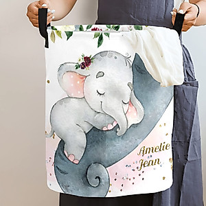 Girl Elephant Pink Floral Storage Bin, Waterproof Oxford Fabric Clothes Basket Organizer for Laundry Hamper,Toy Bins,Gift Baskets, Bedroom, Clothes,Baby Nursery