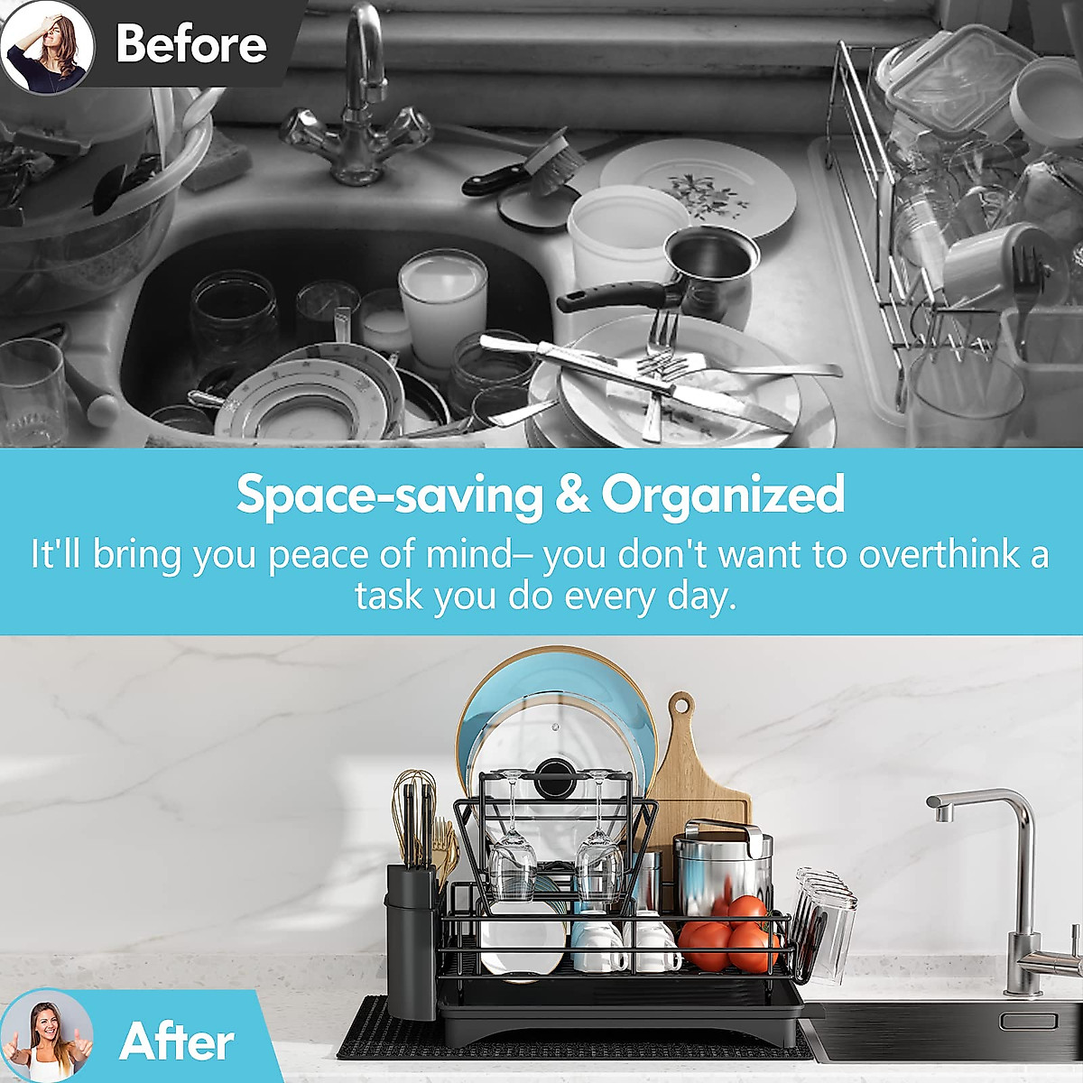 Dish Drying Rack Drainboard Set, Large Stainess Steel 2 Tier Dish Rack with Drainage Dish Drainers for Kitchen Counter with Wine Glass Holder, Cutting Board Holder, Utensil Holder and Dry Mat(Black)