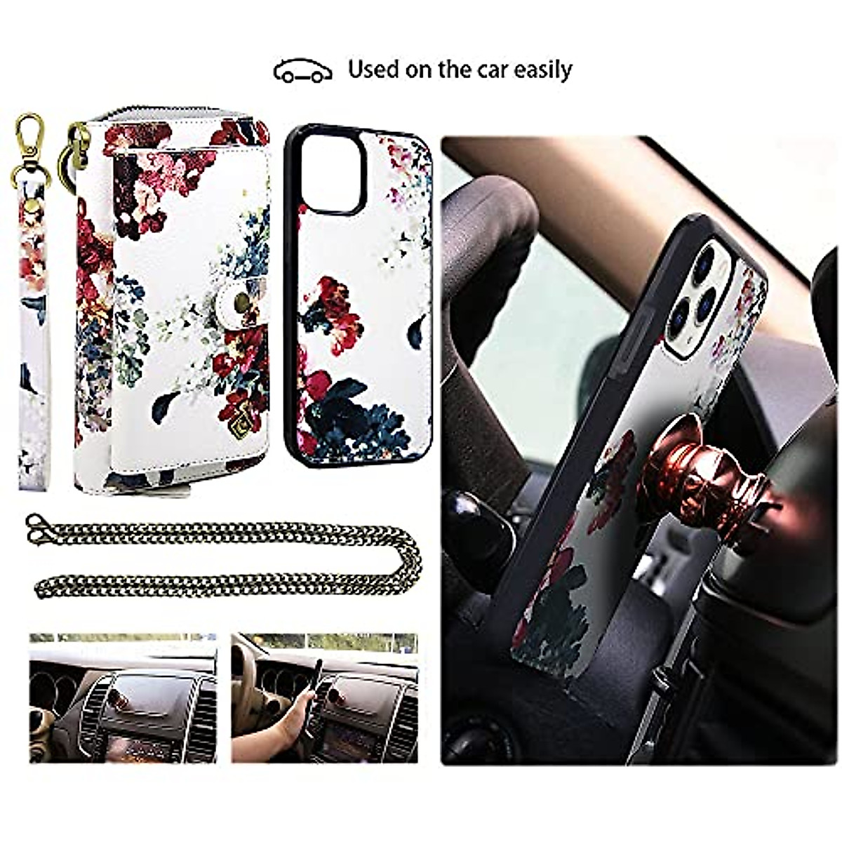 XGrand Crossbody Wallet Case iPhone 13 Pro Max 6.7 inches [3 in 1] Detachable Magnetic Zipper Purse 14 Card Slots Pocket Crossbody Chain Wrist Strap Clutch Leather Wallet Cases - White, White Floral