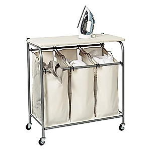 Triple Laundry Sorter with Ironing Board, 3-bin, Locking wheels, Natural