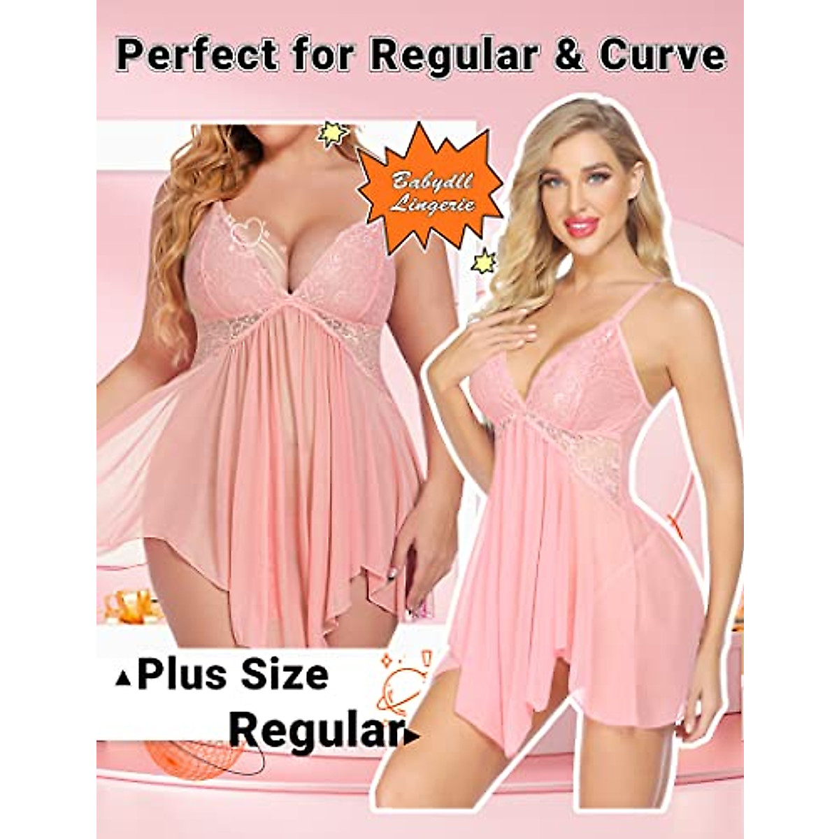 Avidlove Babydoll Lingerie for Women Sexy Lace Lingerie Drees Slutty Maternity Negligee Naughty Boudoir Lingerie(Pink,M)