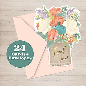 Floral Thank You Cards - 24 Cards With Envelopes - Unique Shape Perfect for Birthdays, Holidays, Weddings, Graduations - 5 x 7 Inches