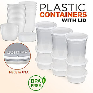 [36 Pack, 3 Sizes] Food Storage Containers with Lids, Round Plastic Deli Cups, US Made, Assorted 8 16 32 oz Cup Pint Quart, Leak Proof Airtight, Microwave & Dishwasher Safe, Stackable, Reusable, White