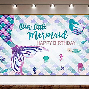 UJoyant 299 Pcs Mermaid Birthday Decorations, Mermaid Party Decorations Kit - Disposable Dinnerware Set with 25 Guests, Backdrop, Balloon, Banner, Tablecloth, Knives, Forks, Spoons, CakeTopper