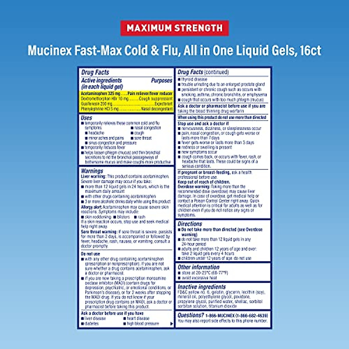 Mucinex Fast-Max Maximum Strength Cold & Flu All in One, Multi-Symptom Relief, Pain Reliever, Fever Reducer, Cough Suppressant, Expectorant, Nasal Decongestant, 16 Liquid Gels (Pack of 2)