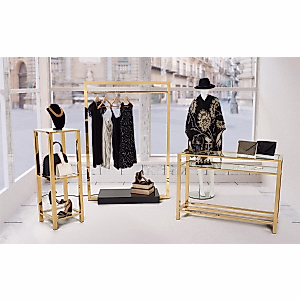 Displays2go Freestanding Garment Display Rack, Recessed LED Lighting, for Retail Boutique - Gold (SMOFCGRLED)