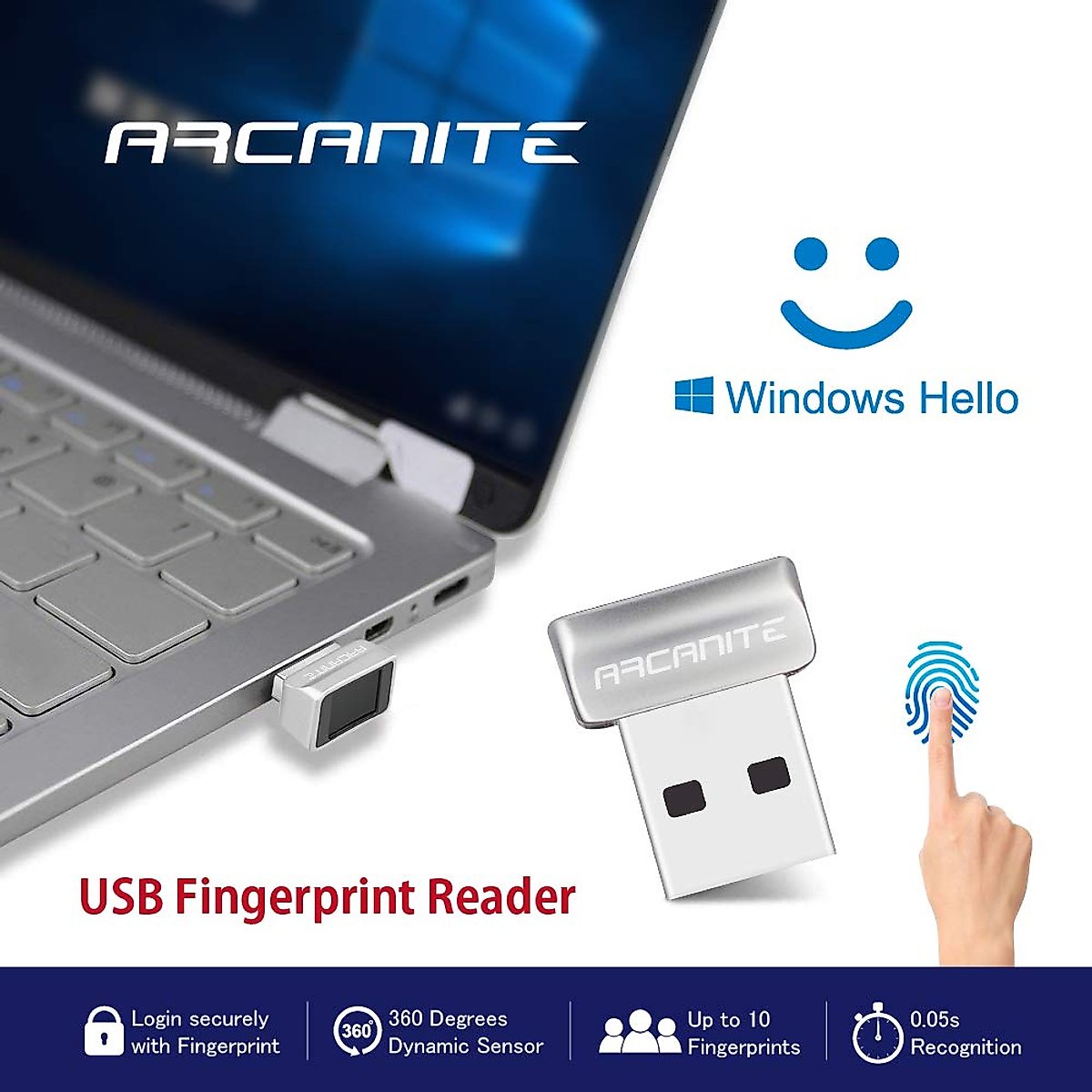 ARCANITE USB Fingerprint Reader for Windows 11/10 Hello Desktop, Laptop, 0.05s 360-Degree Sensor Security Device Login, Security Lock