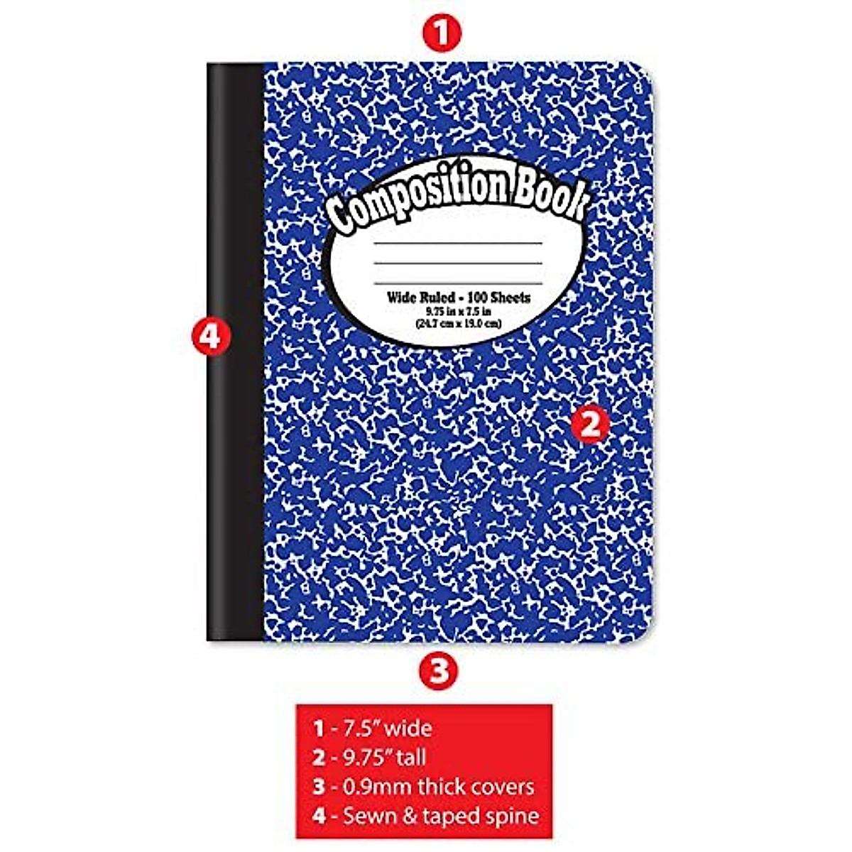 Better Office Products Composition Book Notebook - Hardcover, Wide Ruled (11/32-inch), 100 Sheet, One Subject, 9.75" x 7.5", Assorted Covers: Red, Blue, Green, Purple-4 Pack