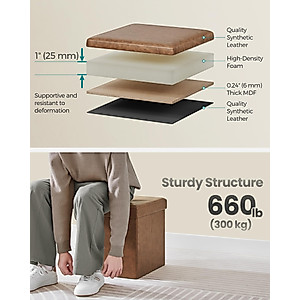 SONGMICS 15 Inches Ottoman with Storage, Footstool, Storage Ottoman, Synthetic Leather, 660 lb Load Capacity, for Dorm Room, Living Room, Bedroom, Coffee Brown ULSF010K01