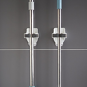 JELLYSUB Broom and Mop Grippers, 4 Broom Holders, 16 Removable Adhesive Strips, No Tools Household Cleaning Supplies Organizer, Damage Free Broom Holder Wall Mount