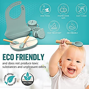 CAVEE Baby Led Weaning Utensils Infant First Stage BLW 6-12 Months Silicone Feeding Set (BPA-Free) with Suction Plate and Sippy Snack Cup 2-in-1 Easy-Clean Toddler Eating Essentials Infant
