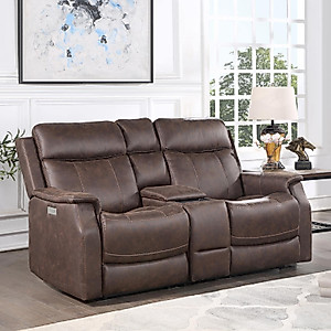 Steve Silver Co Walnut Nubuck Leatherette Power Loveseat with Hidden Storage, USB Port, and Dual Cupholders Love Seats, 74 x 41 x 41, Brown