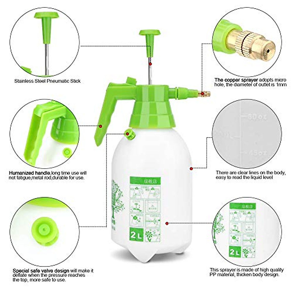 2L PP Manual Pressurized Water Sprayer Spray Gun Sprinkler Tool Safe Valve Design for Garden Lawn Plant