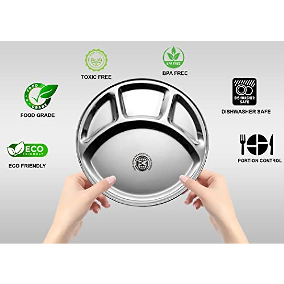 King International Stainless Steel Plates, Divided Dinner Plate Four Section Round Dinner Plates Set of 6, 11 Inches, Round Divided Dinner Plate, divided plates for adults, dinner plates