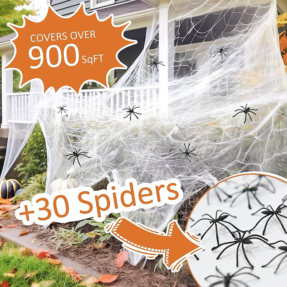 Aubeco 900 sqft Halloween Spider Webs with 30 Extra Fake Spiders, Outside Scary Decor, Super Stretchy Cobwebs Set for Halloween Decor Indoor and Outdoor Party Supplies