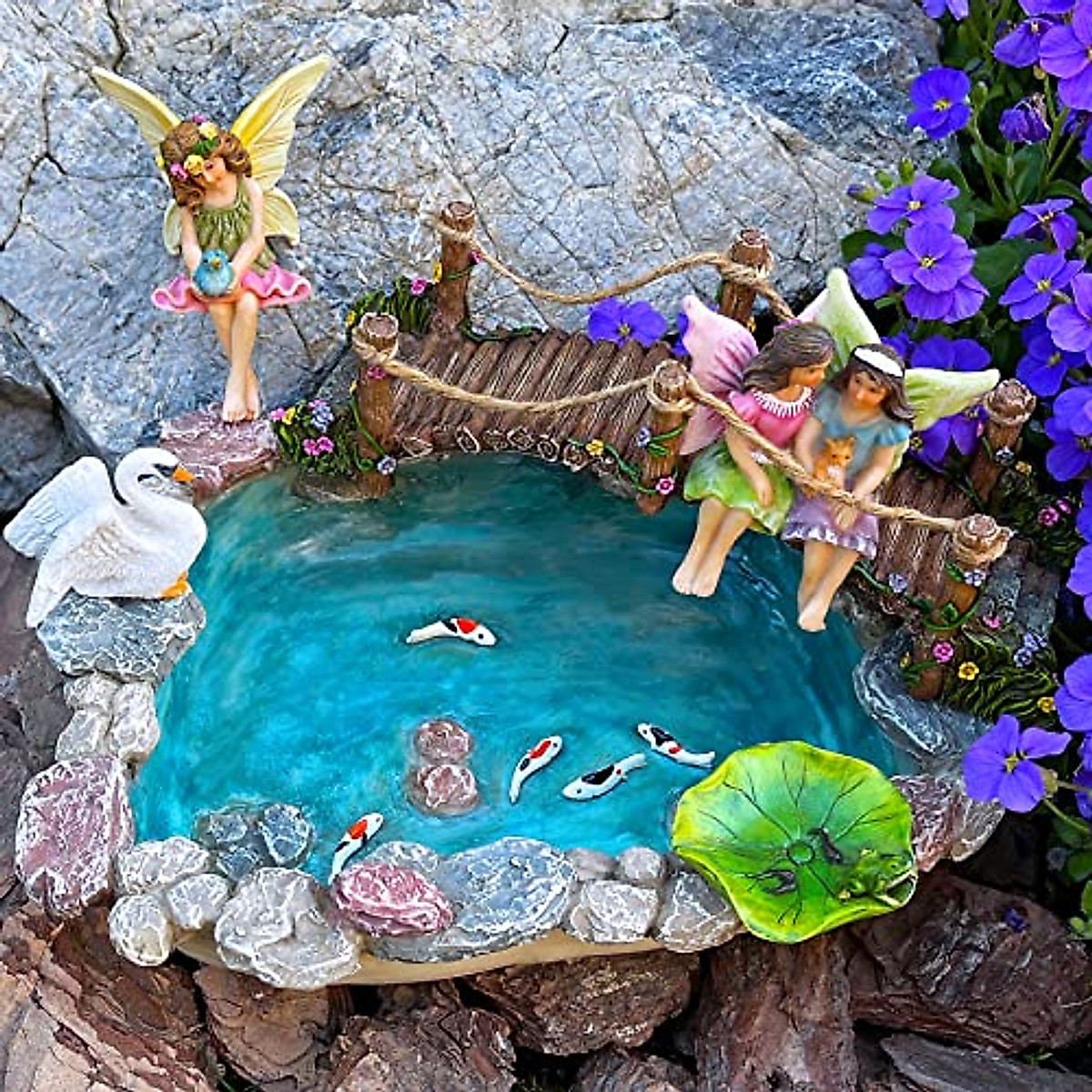 Mood Lab Fairy Garden Fish Pond Kit - Miniature Bridge Set of 6 pcs Fairy Garden Figurines & Accessories - Outdoor or House Decor