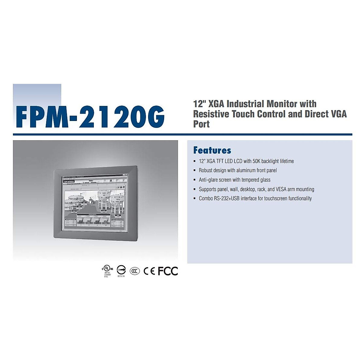 (DMC Taiwan) 12''SVGA Industrial Monitor with Resistive Touchscreen and Direct-VGA Port