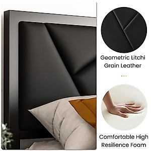 SHA CERLIN Modern Full Size Metal Bed Frame with Litchi Grain Leather Upholstered Headboard, No Box Spring Needed, 12.4" Underbed Storage, Black