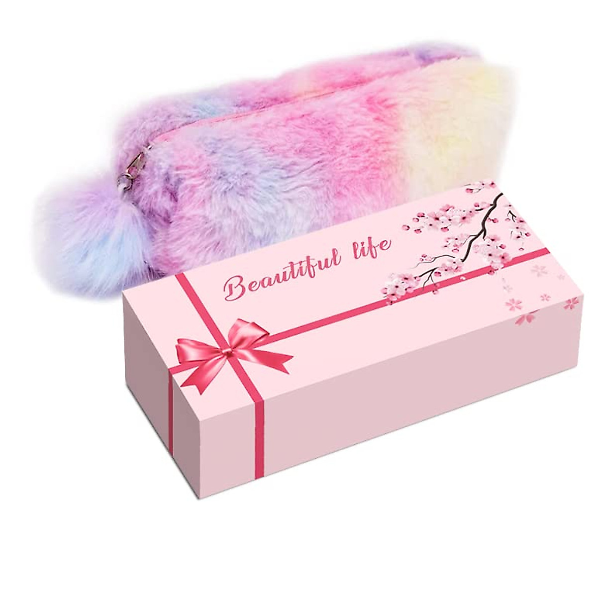 Plush Rainbow Pencil Case for Girls Fluffy Pencil Case Cute Rainbow Pencil Holder Soft Pencil Case Fluffy Pencil Bag Makeup Pouch Colored Storage Bags Large Capacity School Supplies for Kids