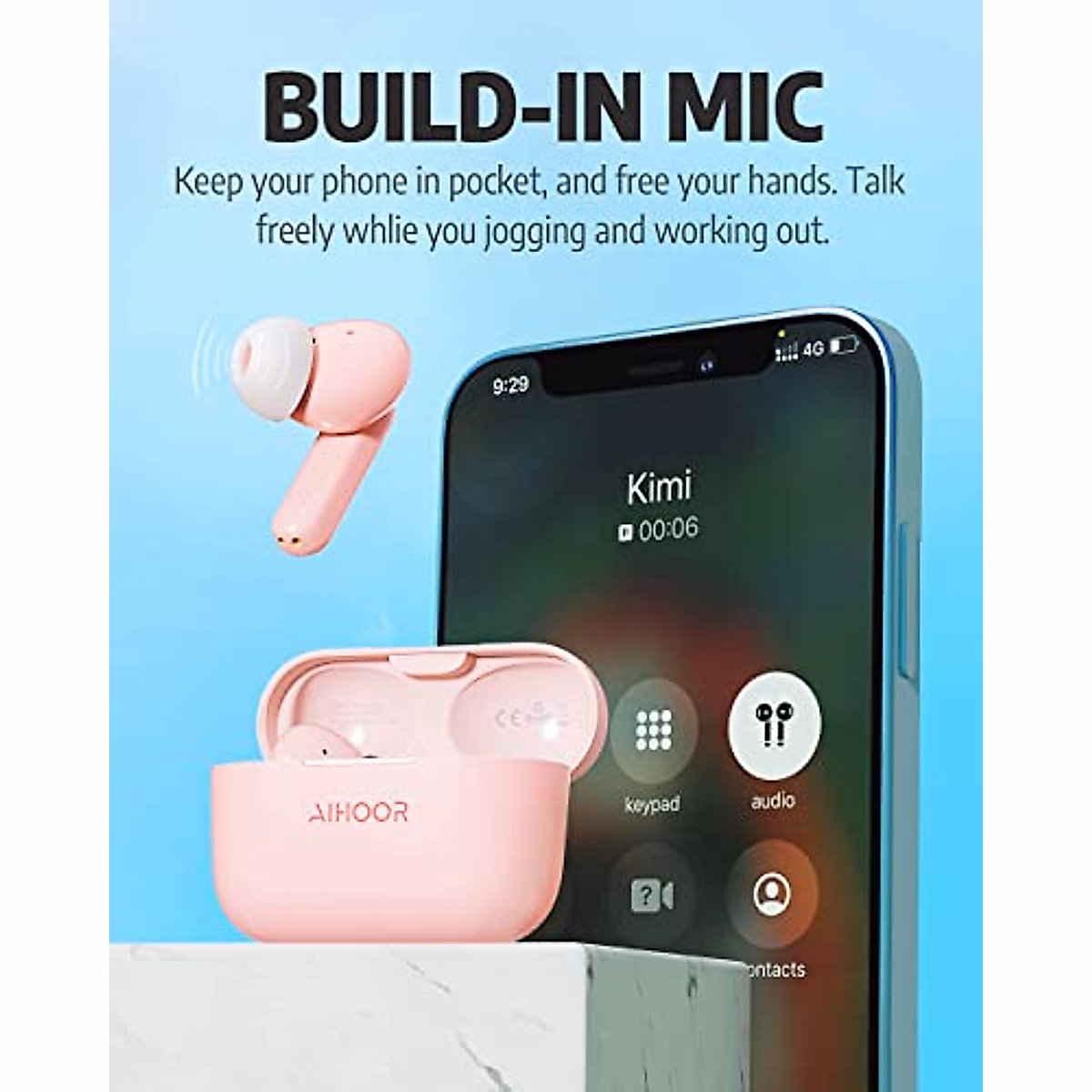 AIHOOR Wireless Earbuds for Music and Sports, Bluetooth 5.3 in-Ear Headphones with Extra Bass Built-in Mic Touch Control 30hr Battery Earphones, Waterproof (Pink)