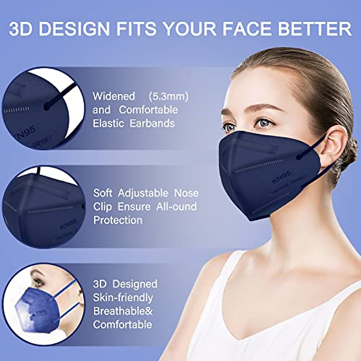KN95 Face Mask 30 PCS TIMZON 5-Ply Face Mask KN95 Cup Dust Safety Masks Breathable Masks for Men & Women (Dark Blue)